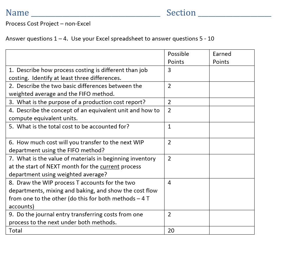Solved Process Cost Excel Project Create a new Excel | Chegg.com