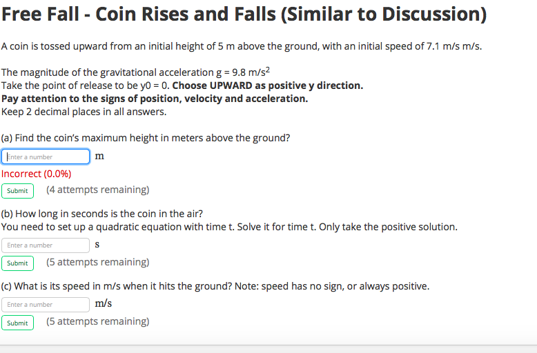 Solved Free Fall - Coin Rises and Falls (Similar to | Chegg.com