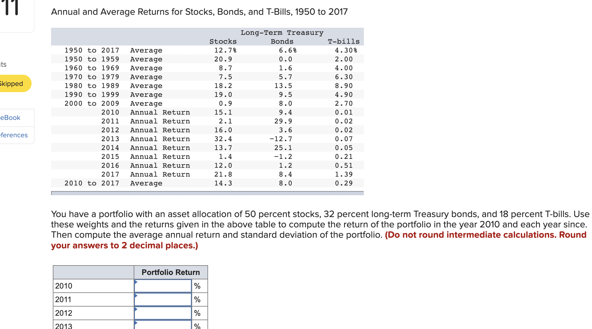 Solved Annual and Average Returns for Stocks, Bonds, and | Chegg.com