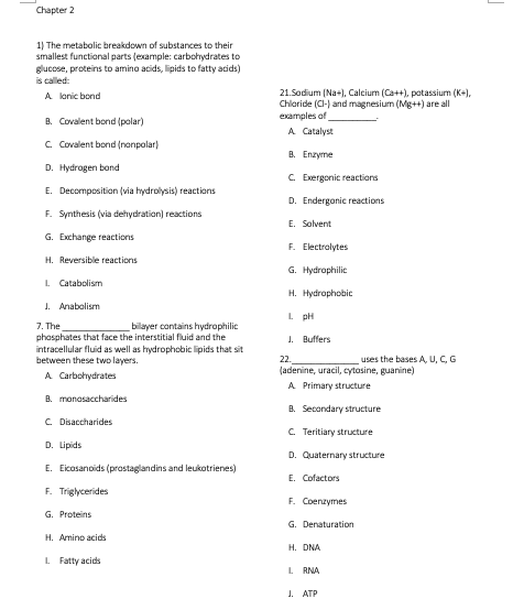 Solved Chapter 2 1l The metabolic breakdown of substances to | Chegg.com