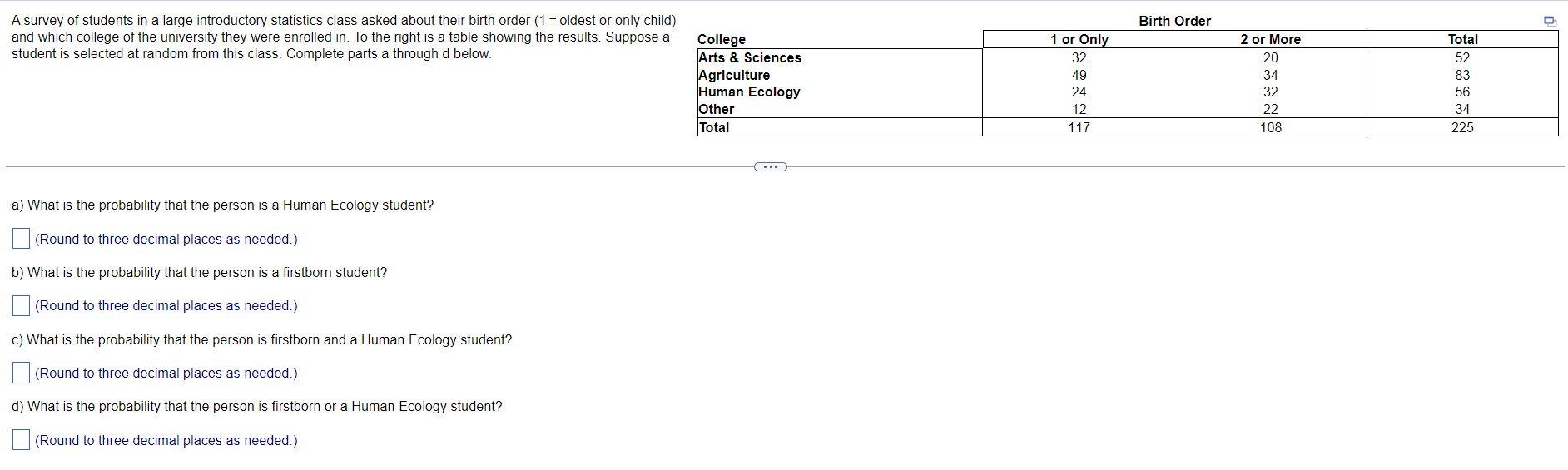 Solved Birth Order A survey of students in a large | Chegg.com