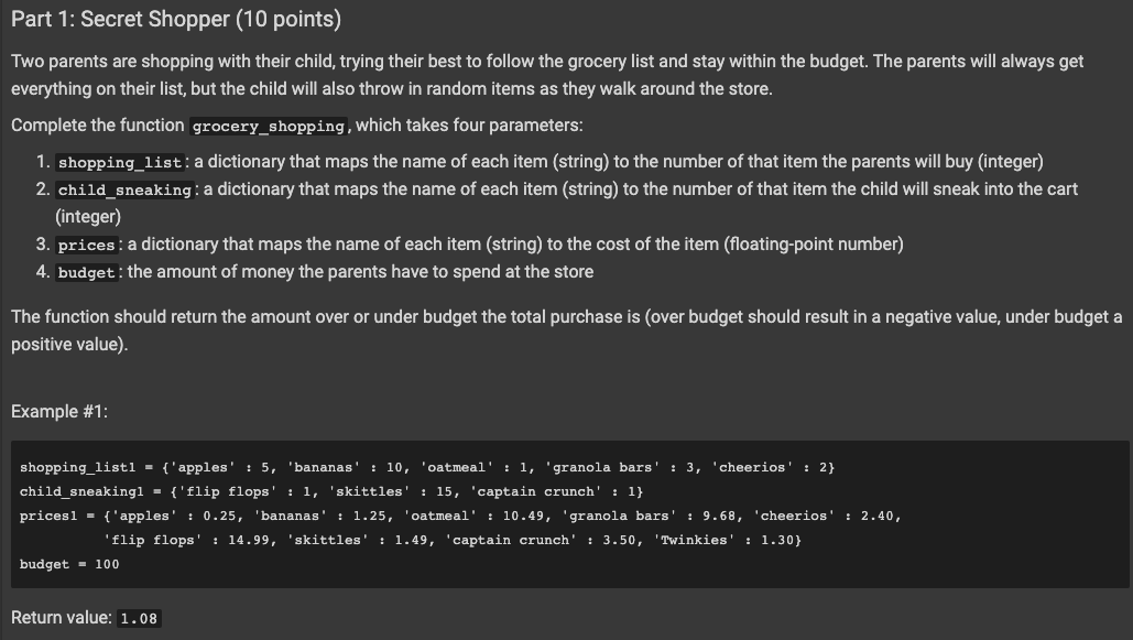 Solved Part 1: Secret Shopper (10 points) Two parents are | Chegg.com