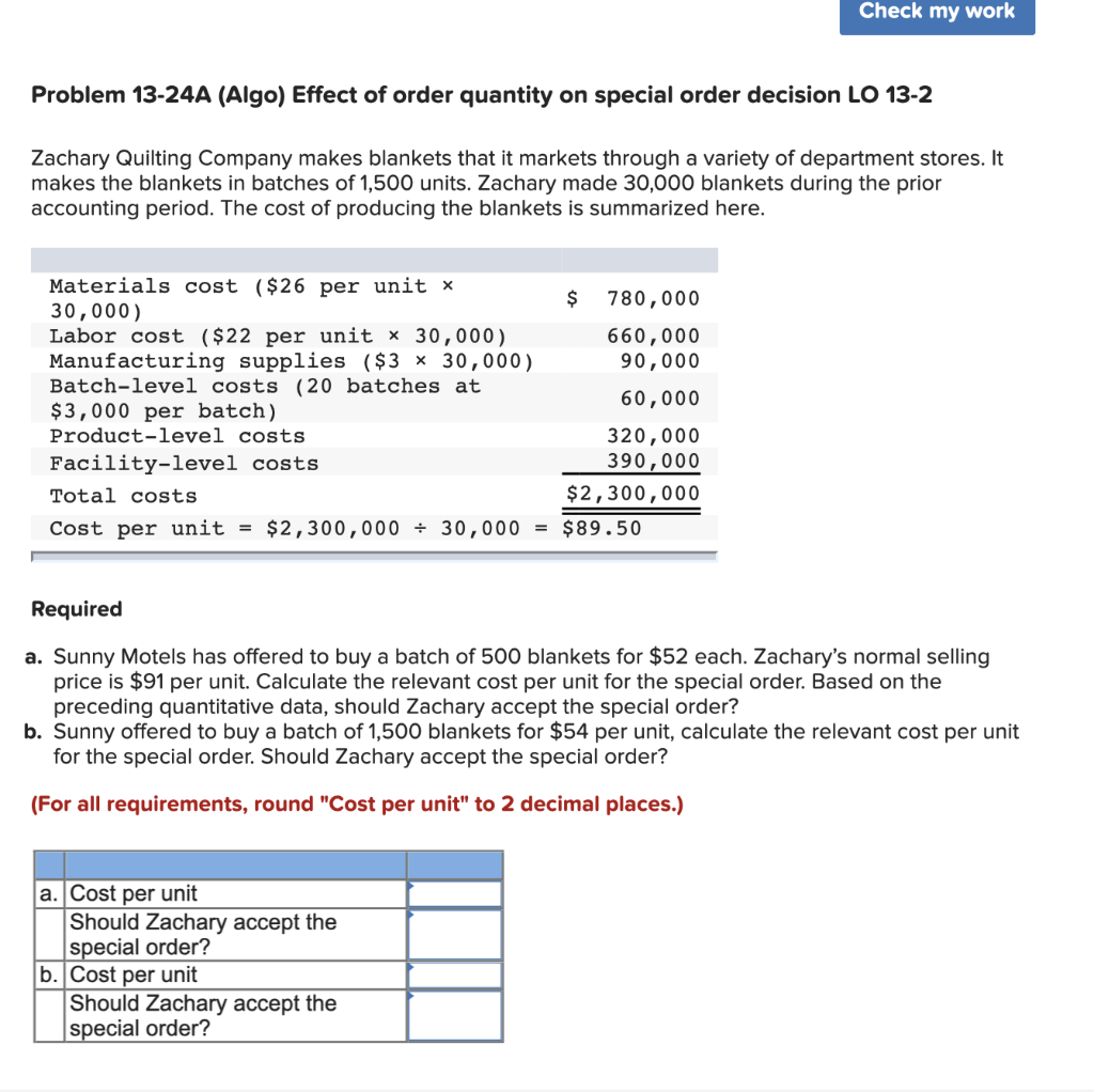 Solved Problem 13-24A (Algo) Effect of order quantity on | Chegg.com