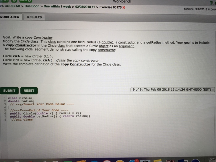 Solved Workbench PLe deadline: 02/08/2018 11:00 P VA CODELAB | Chegg.com