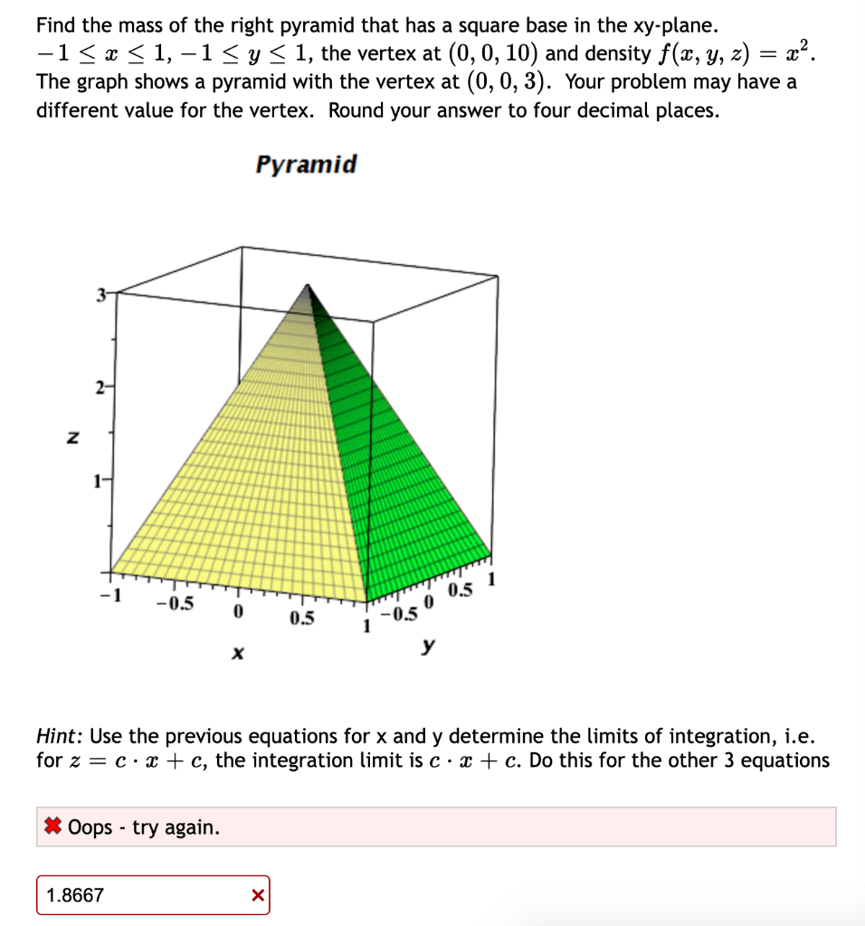 Solved Find the mass of the right pyramid that has a square | Chegg.com