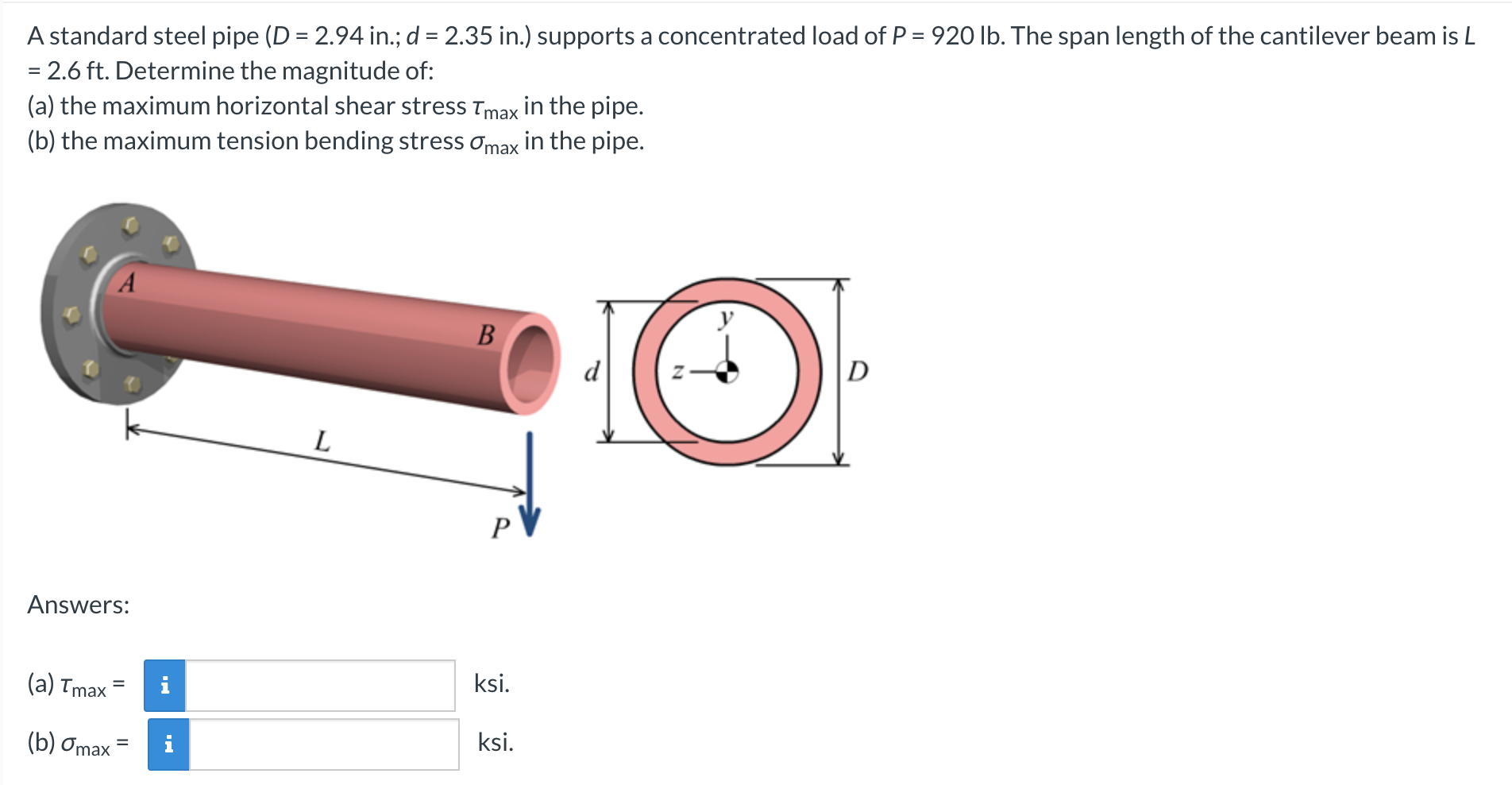 Solved A standard steel pipe (D = 2.94 in.; d = 2.35 in.) | Chegg.com