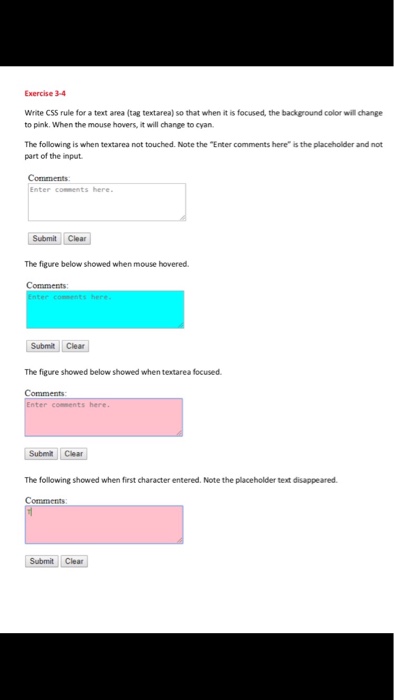 Solved Exercise 3-4 Write CSS rule for a text area (tag | Chegg.com