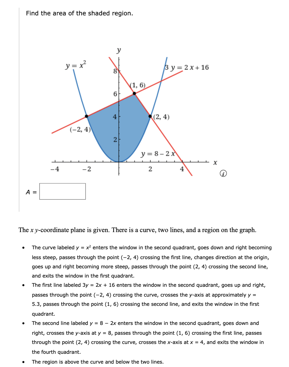 [Solved]: Find the area of the shaded region. [ A= ] The