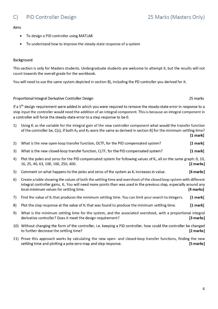 C) PID Controller Design 25 Marks (Masters Only) Aims | Chegg.com