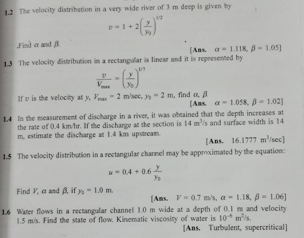 Solved 1.2 The velocity distribution in a very wide river of | Chegg.com