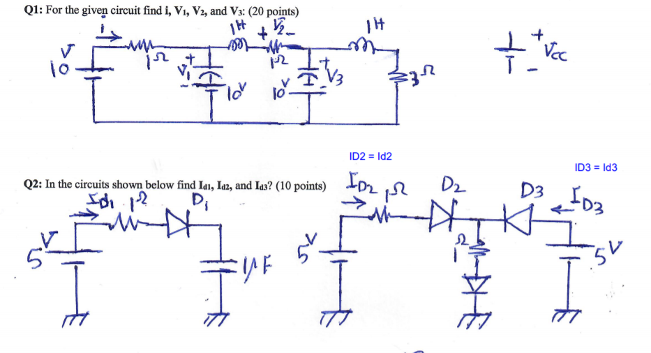 Solved Q1: For the given circuit find i, V1, V2, and V3: (20 | Chegg.com