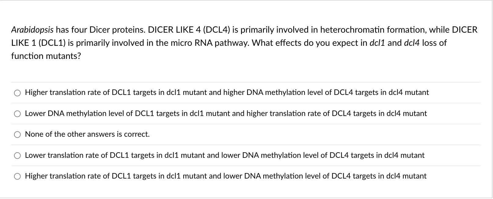 Solved Arabidopsis has four Dicer proteins. DICER LIKE 4 | Chegg.com