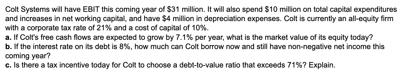 Solved Colt Systems will have EBIT this coming year of $31 | Chegg.com