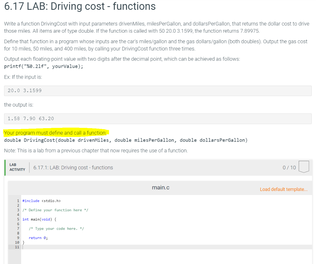 Solved: 6.17 LAB: Driving Cost - Functions Write A Functio... | Chegg.com