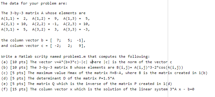 Solved The data for your problem are: The 3-by-3 matrix A | Chegg.com