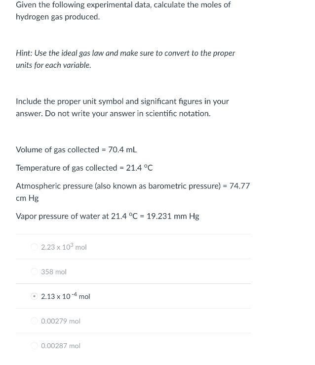 Solved Given the following experimental data, calculate the | Chegg.com