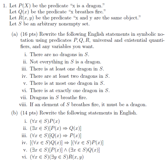 Solved 1. Let P(X) be the predicate "x is a dragon." Let | Chegg.com