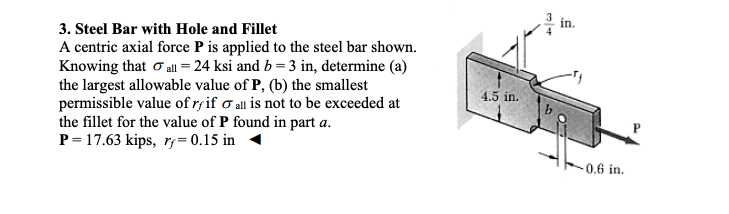 Solved 3. Steel Bar with Hole and Fillet A centric axial | Chegg.com