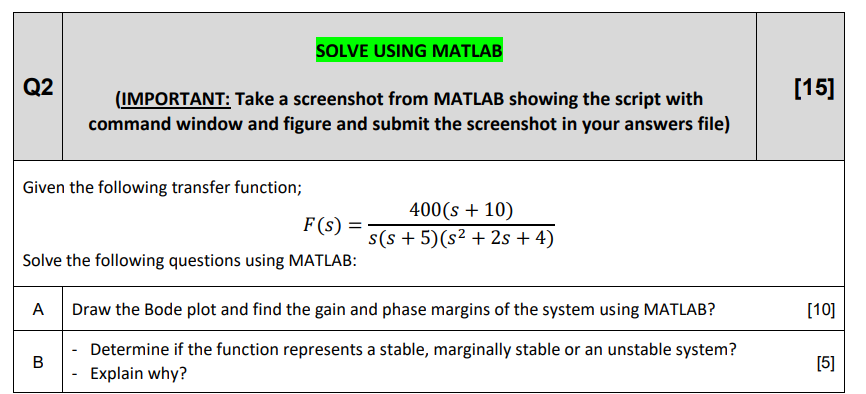 Solved SOLVE USING MATLAB Q2 [15] (IMPORTANT: Take a | Chegg.com