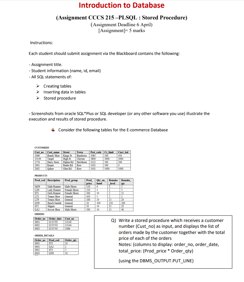 Solved Introduction to Database (Assignment CCCS 215 -PLSQL | Chegg.com