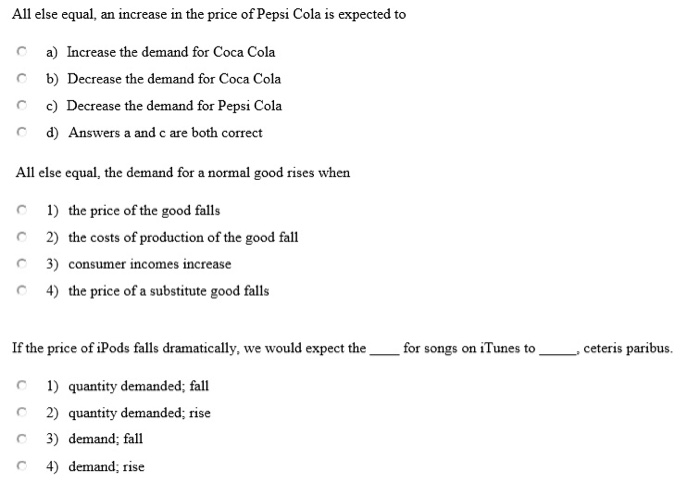 Solved All else equal, an increase in the price of Pepsi | Chegg.com