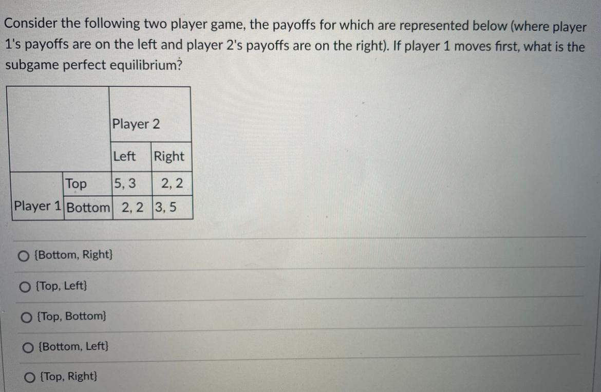 Solved Consider the following two player game, the payoffs | Chegg.com