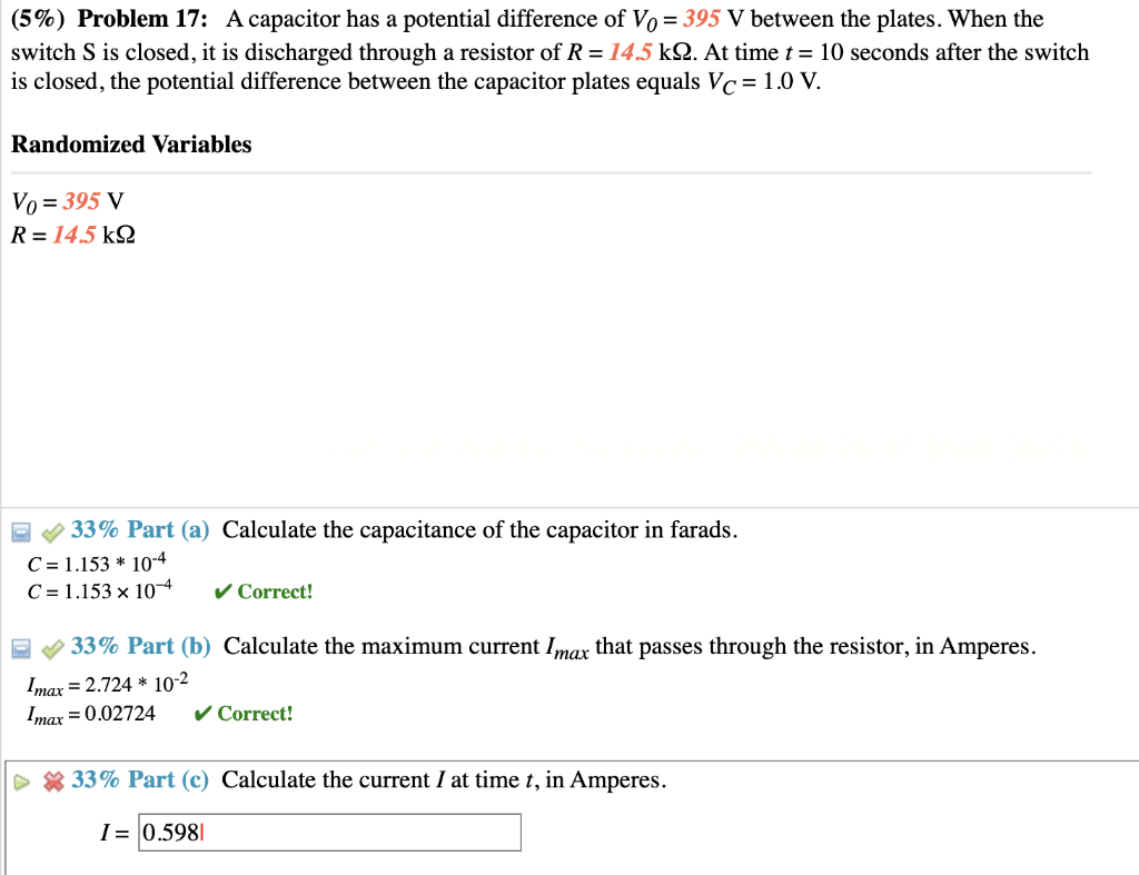 (5\%) Problem 17: A capacitor has a potential | Chegg.com