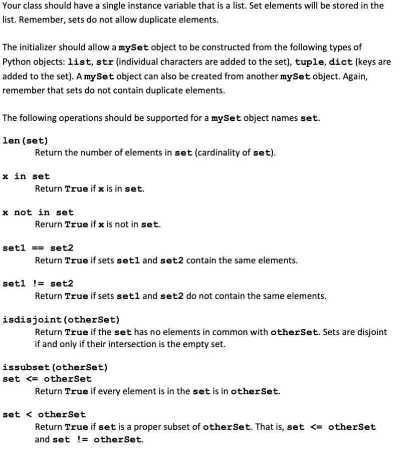 Solved Using Python Write A Class Called Myset Write Class 