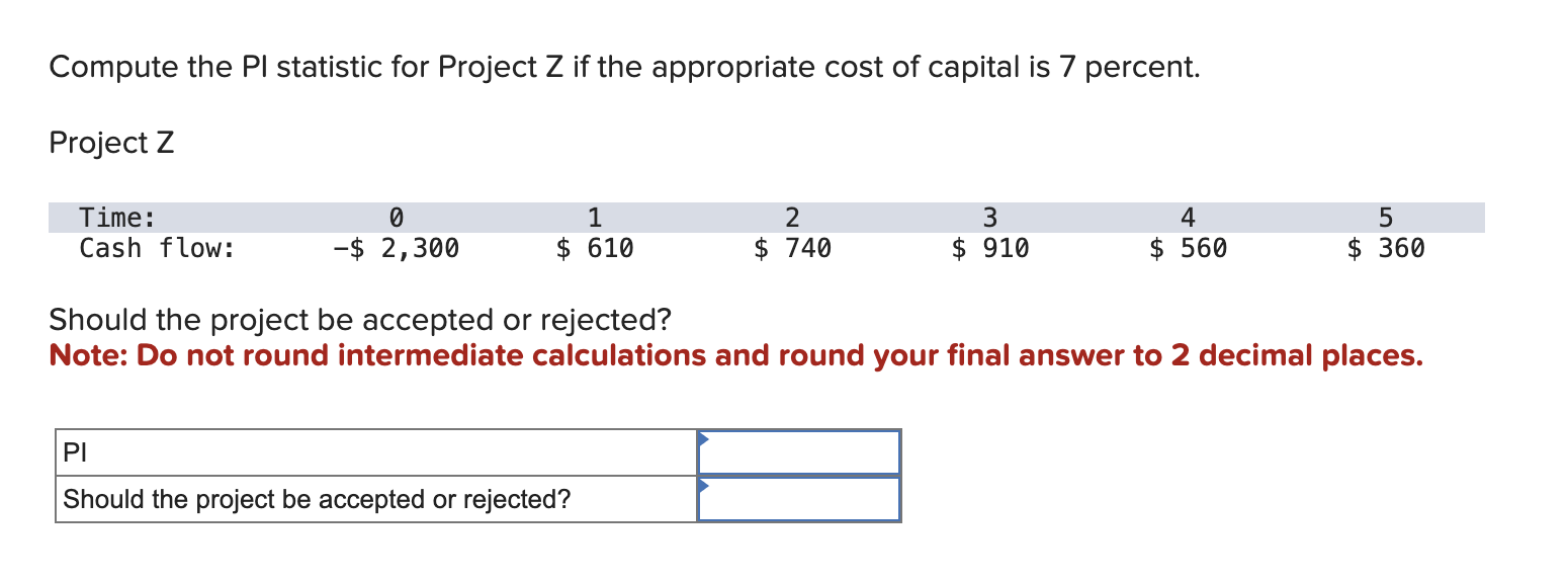 Solved Compute the Pl statistic for Project Z if the | Chegg.com