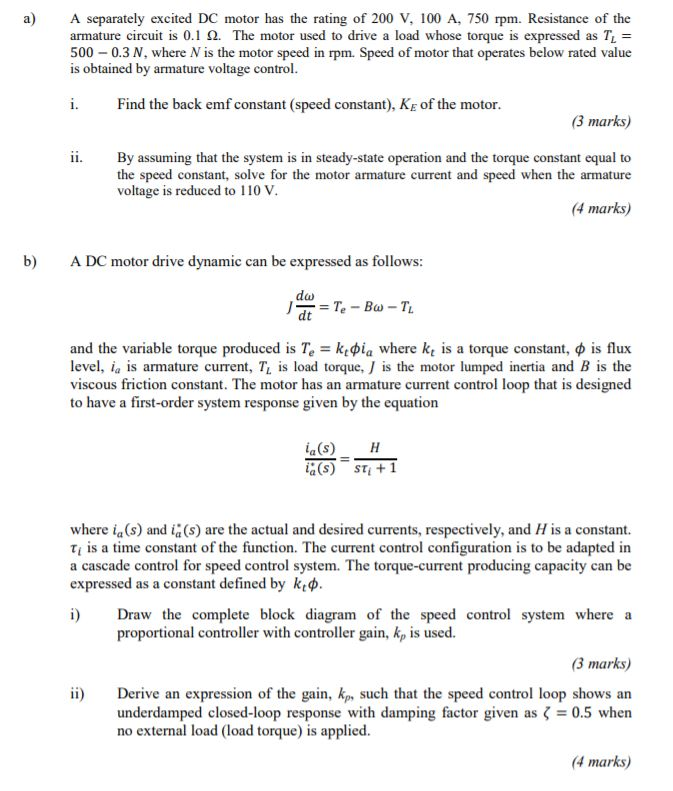 Solved a) A separately excited DC motor has the rating of | Chegg.com