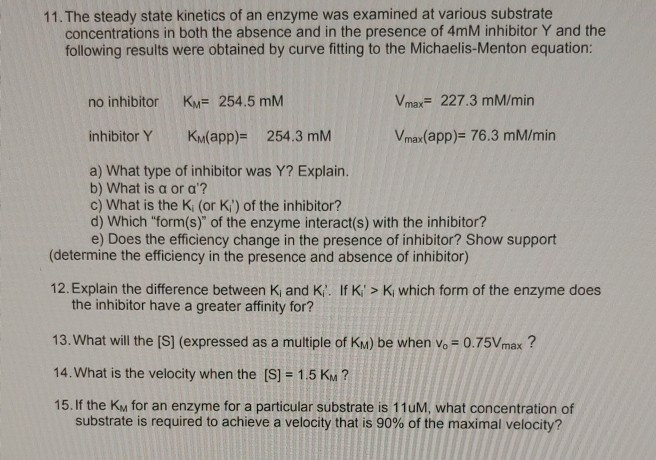 Solved 11. The steady state kinetics of an enzyme was | Chegg.com