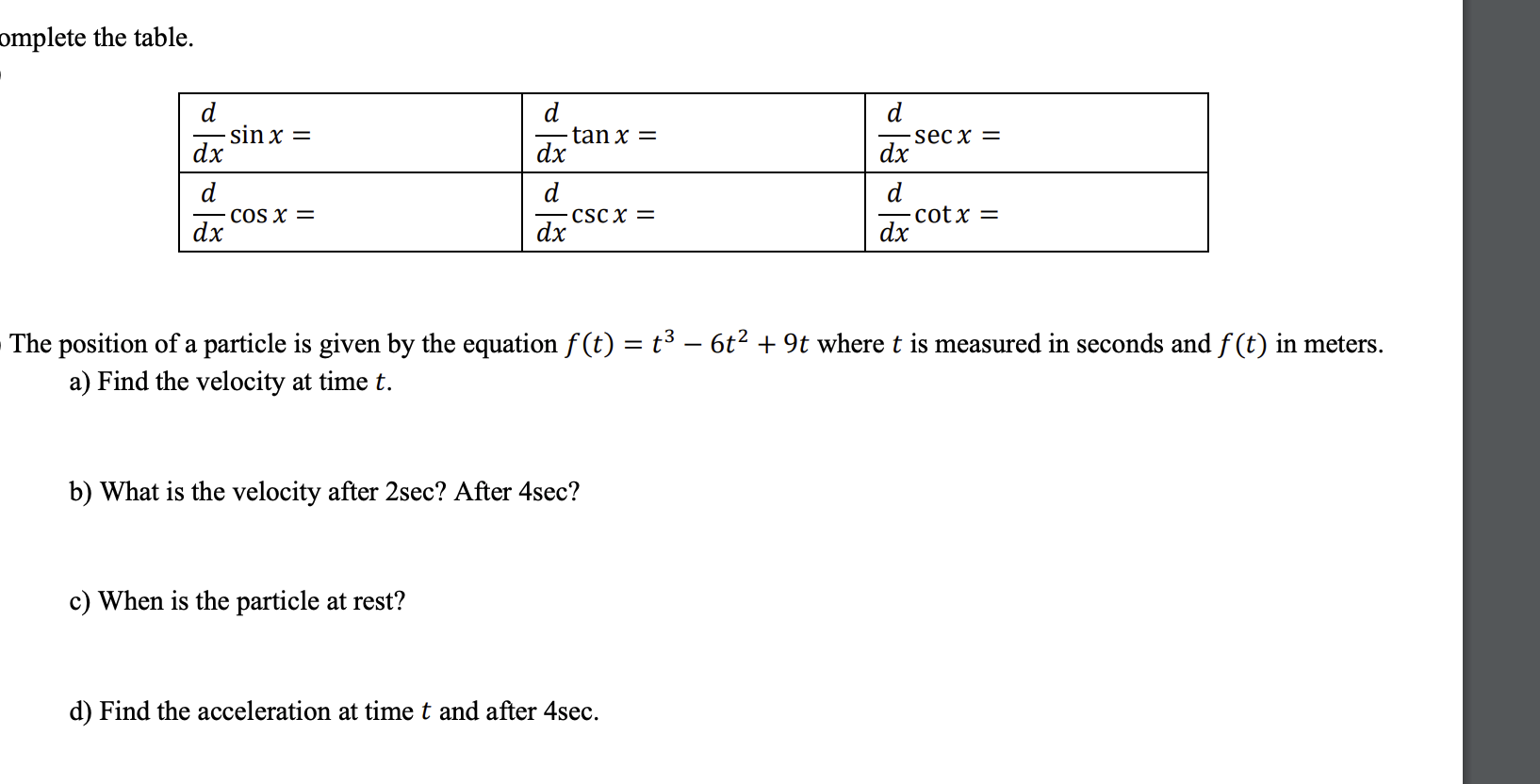 Solved omplete the table. d sin x = dx tan x = dx secx = dx | Chegg.com