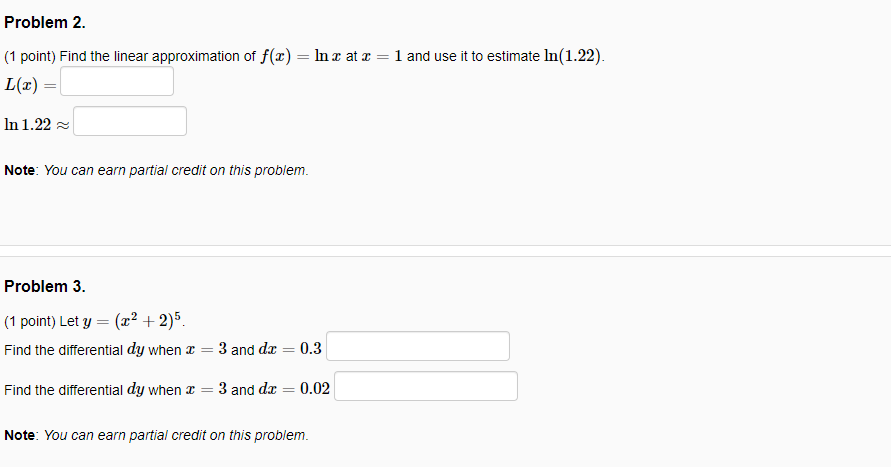 Solved (1 point) Find the linear approximation of f(x)=lnx | Chegg.com