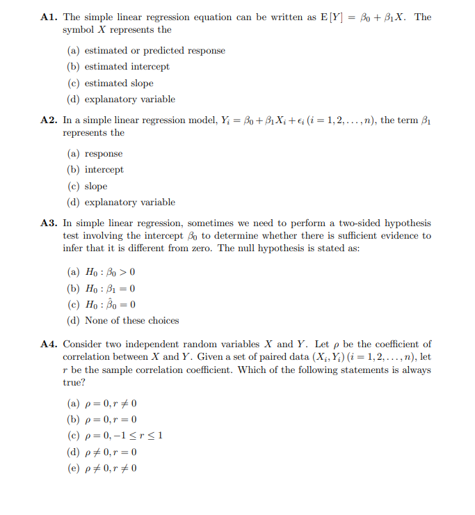 Solved A1 The Simple Linear Regression Equation Can Be Chegg