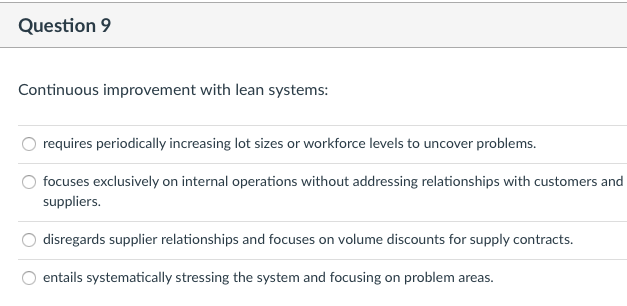 Solved Question 9 Continuous improvement with lean systems: | Chegg.com