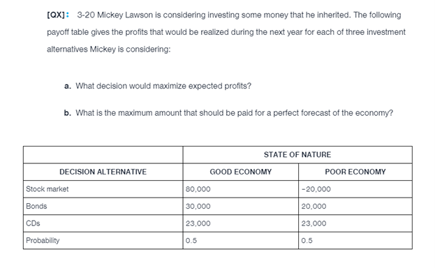 Solved [QX]: 3-20 Mickey Lawson is considering investing | Chegg.com