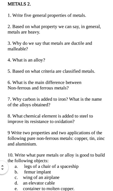 Solved METALS Write 5 properties of metals in general. 1. | Chegg.com