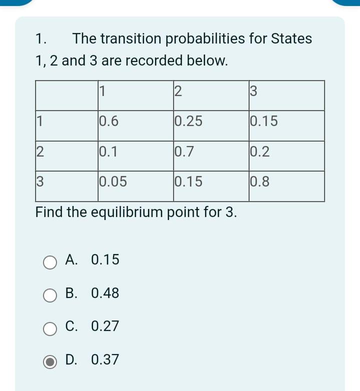 Solved 1. The transition probabilities for States 1,2 and 3 | Chegg.com