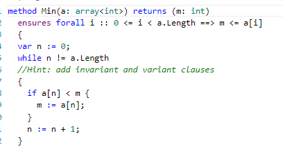 Solved 1 method Min(a: array) returns (m: int) ensures | Chegg.com