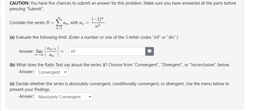 Solved CAUTION: You have five chances to submit an answer | Chegg.com