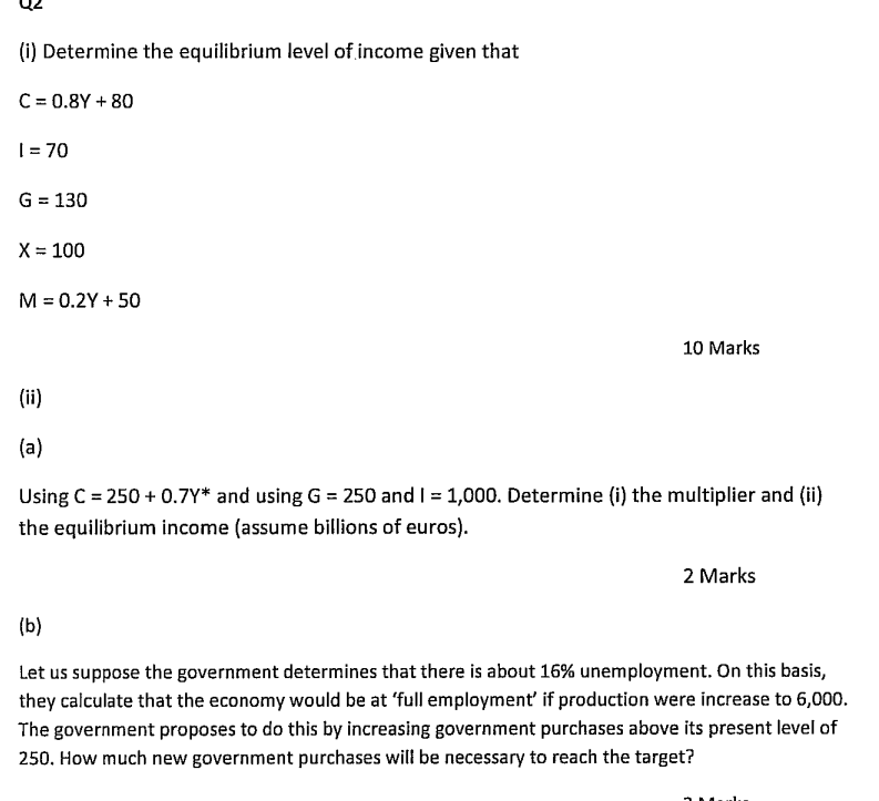Solved (i) Determine the equilibrium level of income given | Chegg.com