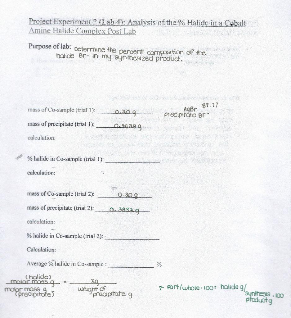 Analysis of the % of Halide in a Cobalt Amine Halide | Chegg.com
