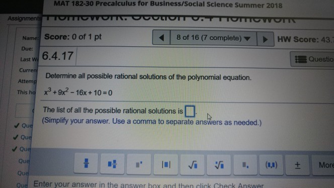 Solved MAT 182-30 Precalculus for Business/Social Science | Chegg.com