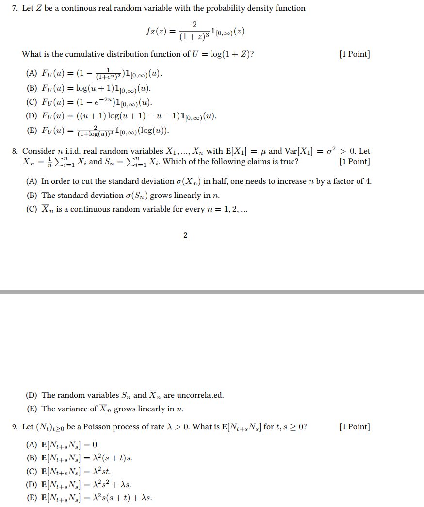 Solved 7. Let Z be a continous real random variable with the | Chegg.com