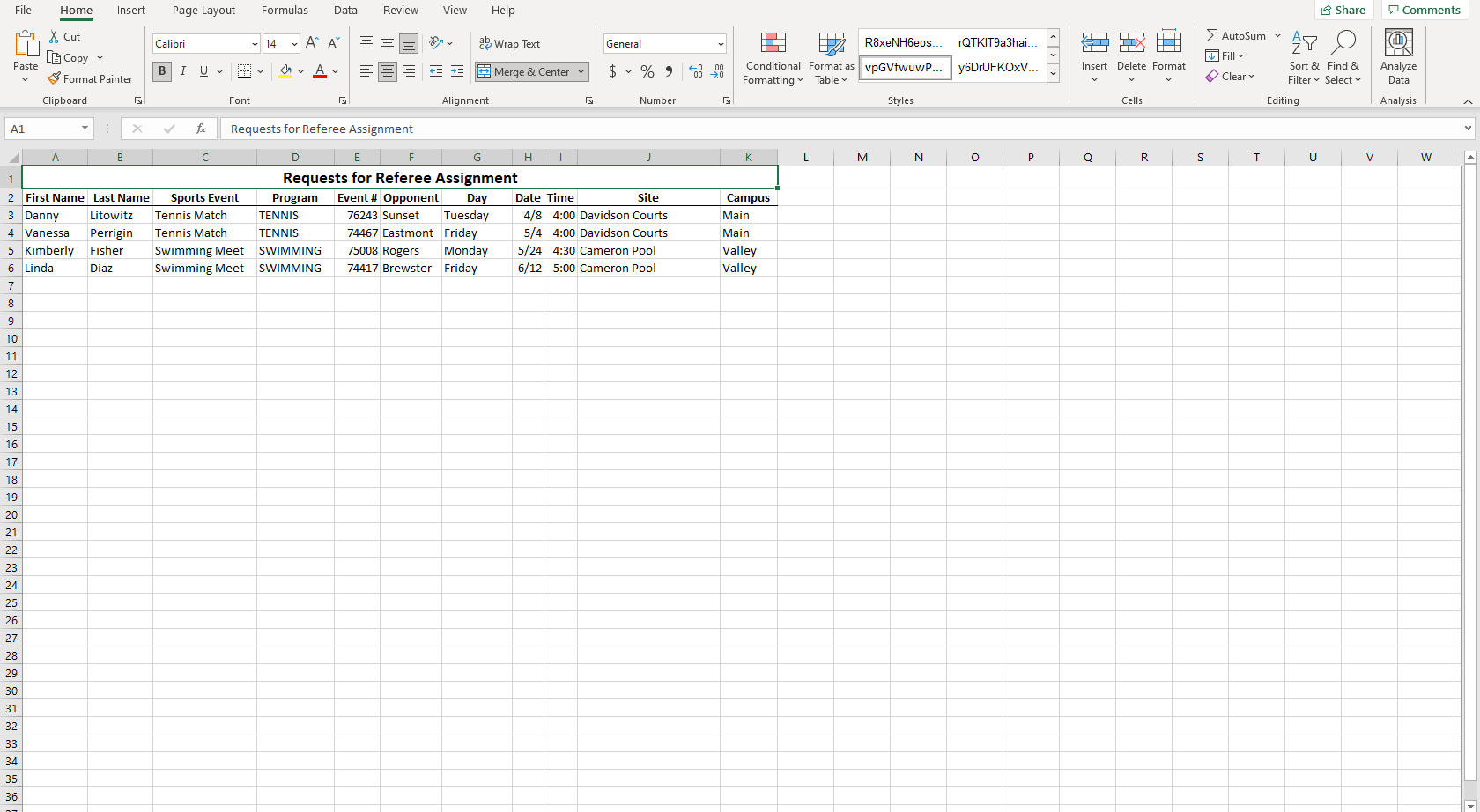 Excel_5E_Sports_Schedule Project Description: In this | Chegg.com