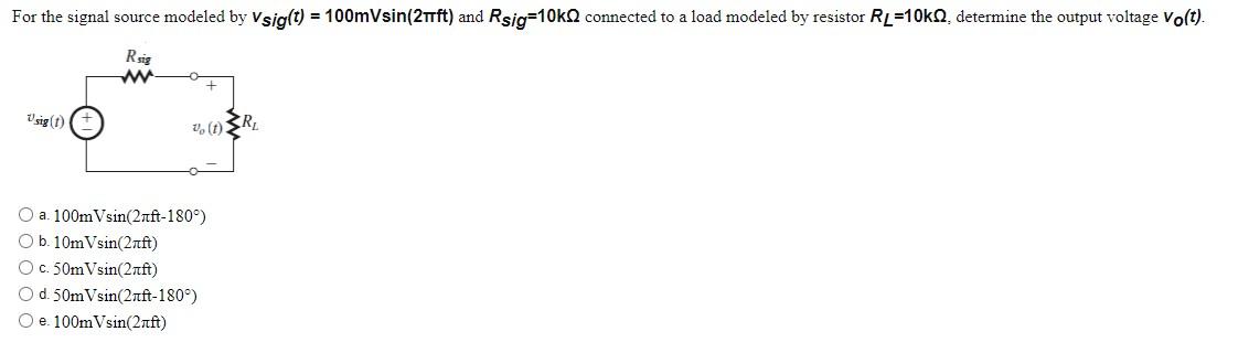 Solved For the signal source modeled by Vsig(t) = | Chegg.com