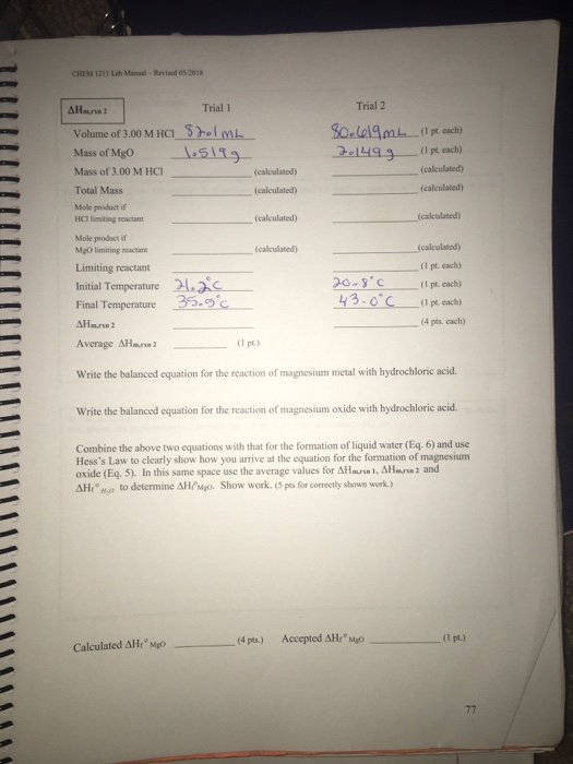 Solved CHEM 1211 Lab Manal Revised 05/2018 Standard Enthalpy | Chegg.com