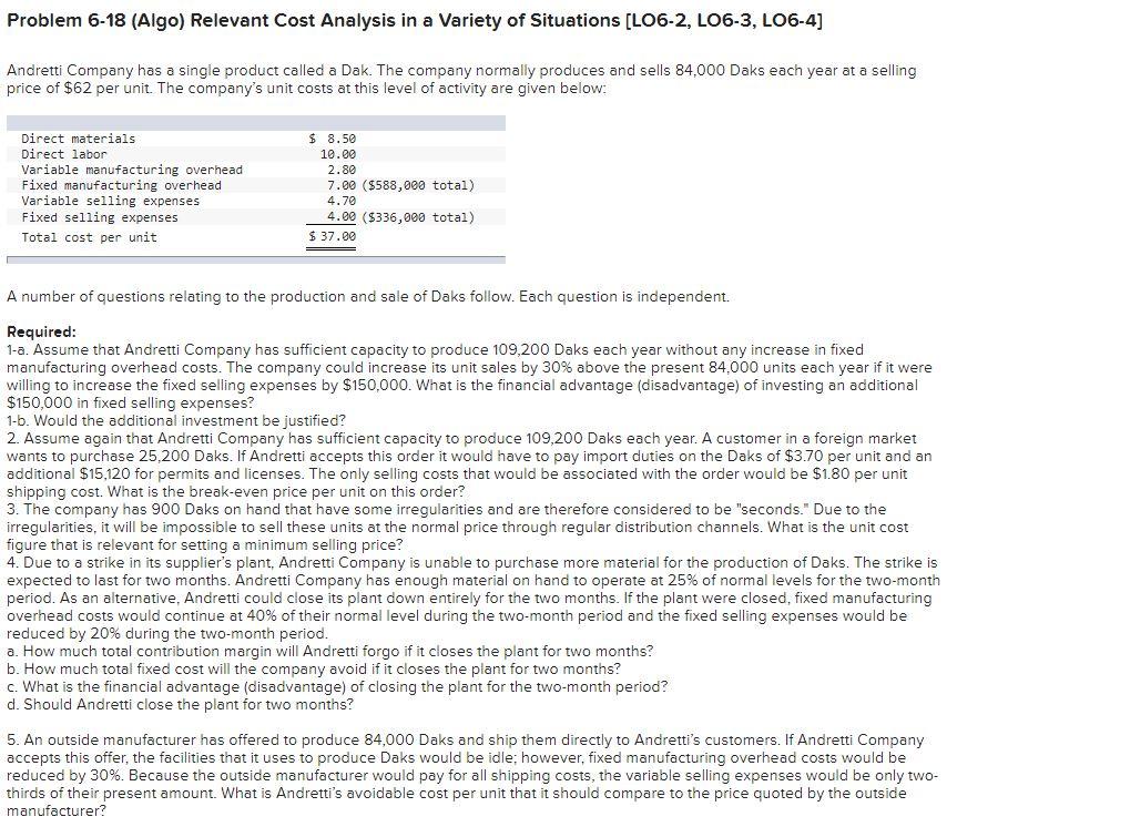 Solved Problem 6-18 (Algo) Relevant Cost Analysis in a | Chegg.com
