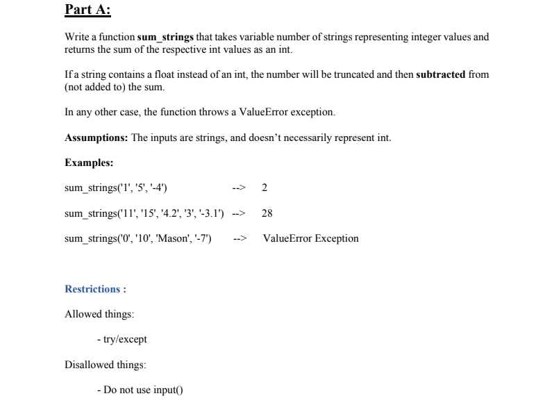 Solved Part A: Write a function sum_strings that takes | Chegg.com
