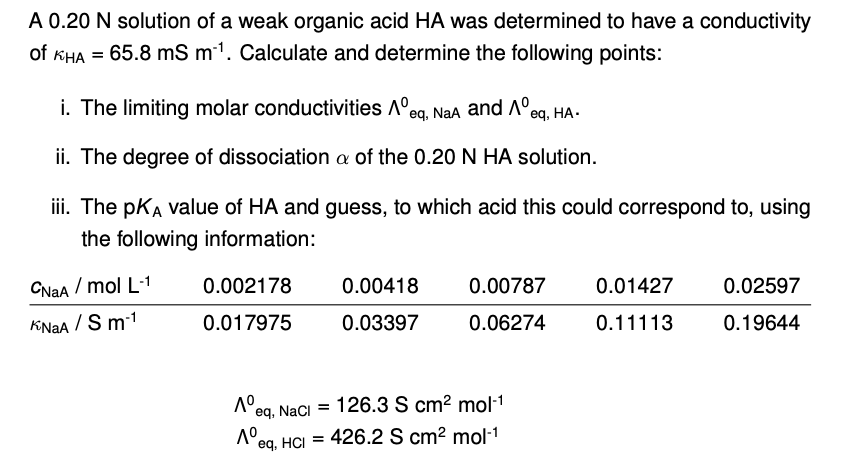 Solved A 0.20 N solution of a weak organic acid HA was | Chegg.com